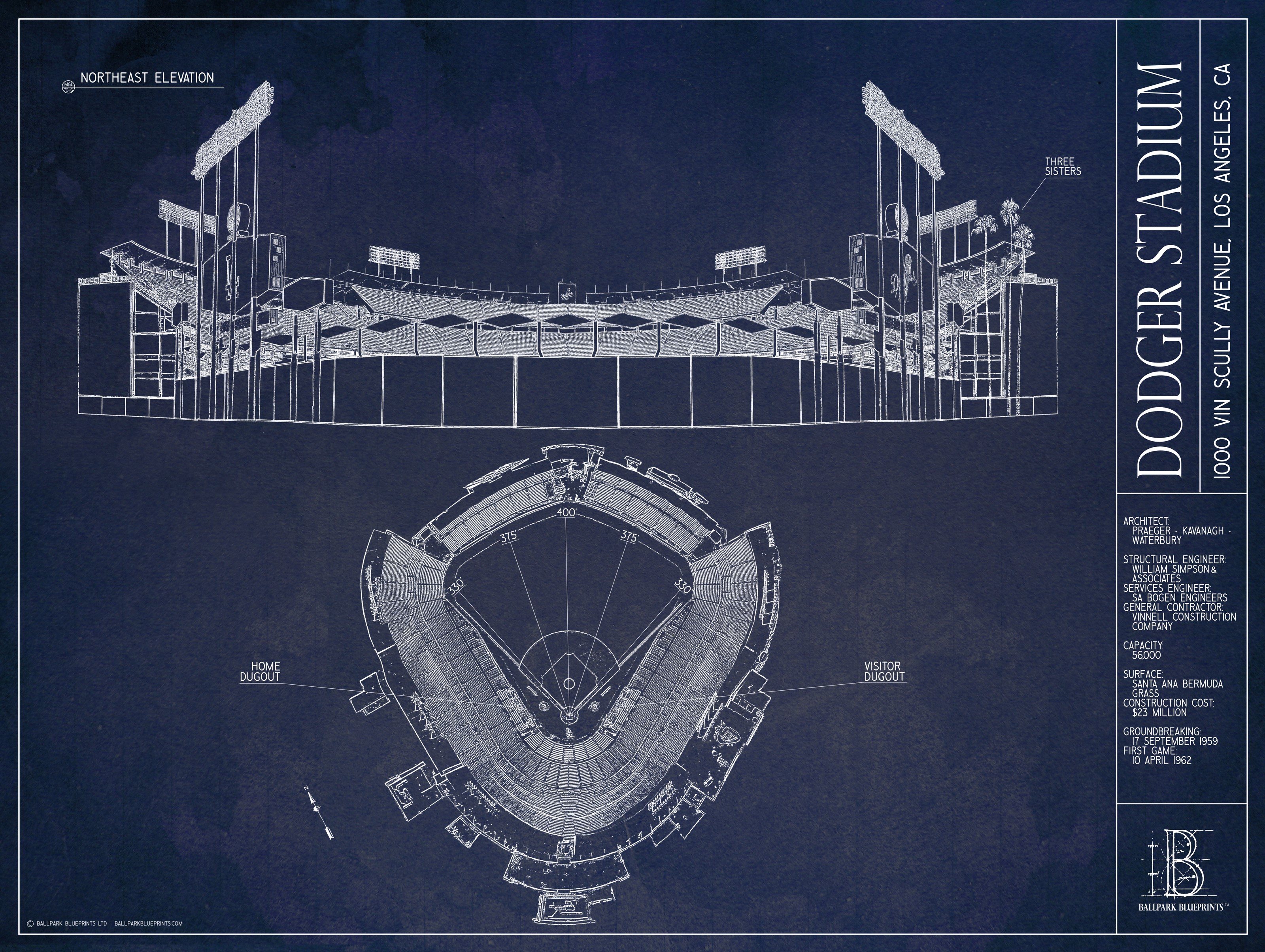 Dodger Stadium Blueprint Mural - Murals Your Way