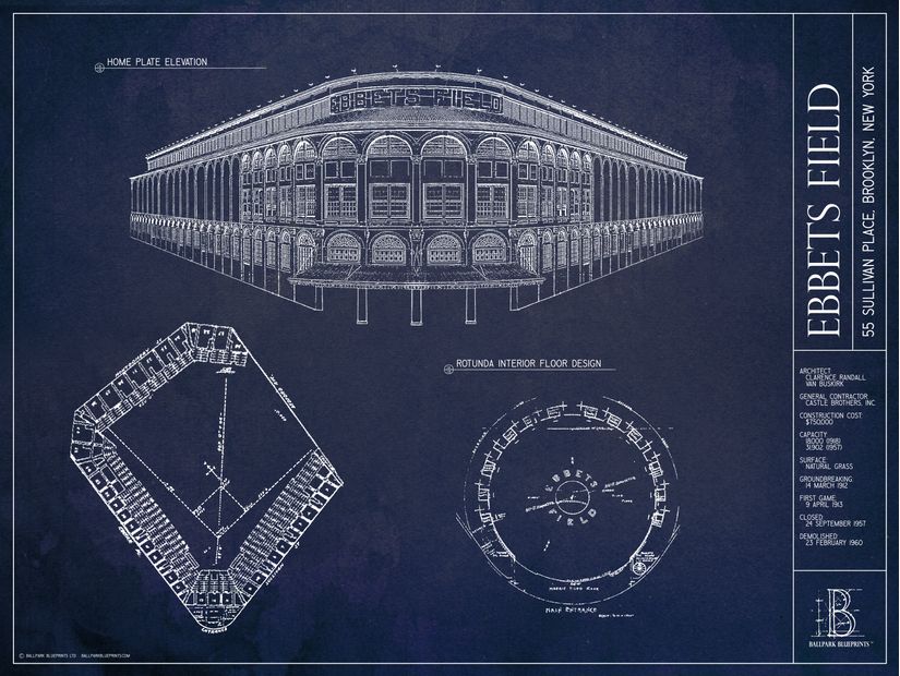 Ebbets Field Blueprint Mural - Murals Your Way