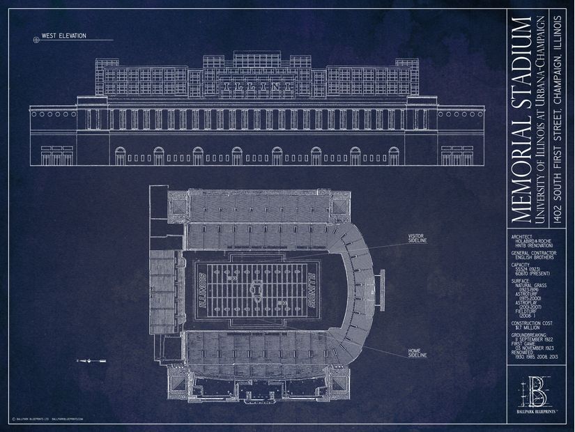 Memorial Stadium at University of Illinois Blueprint Mural - Murals ...