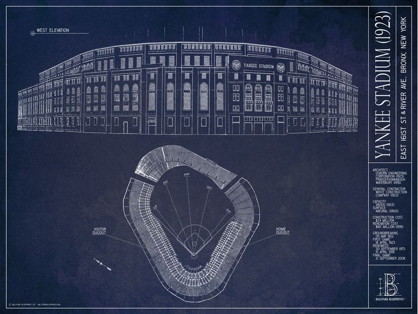 Old Yankee Stadium Blueprint Mural - Murals Your Way