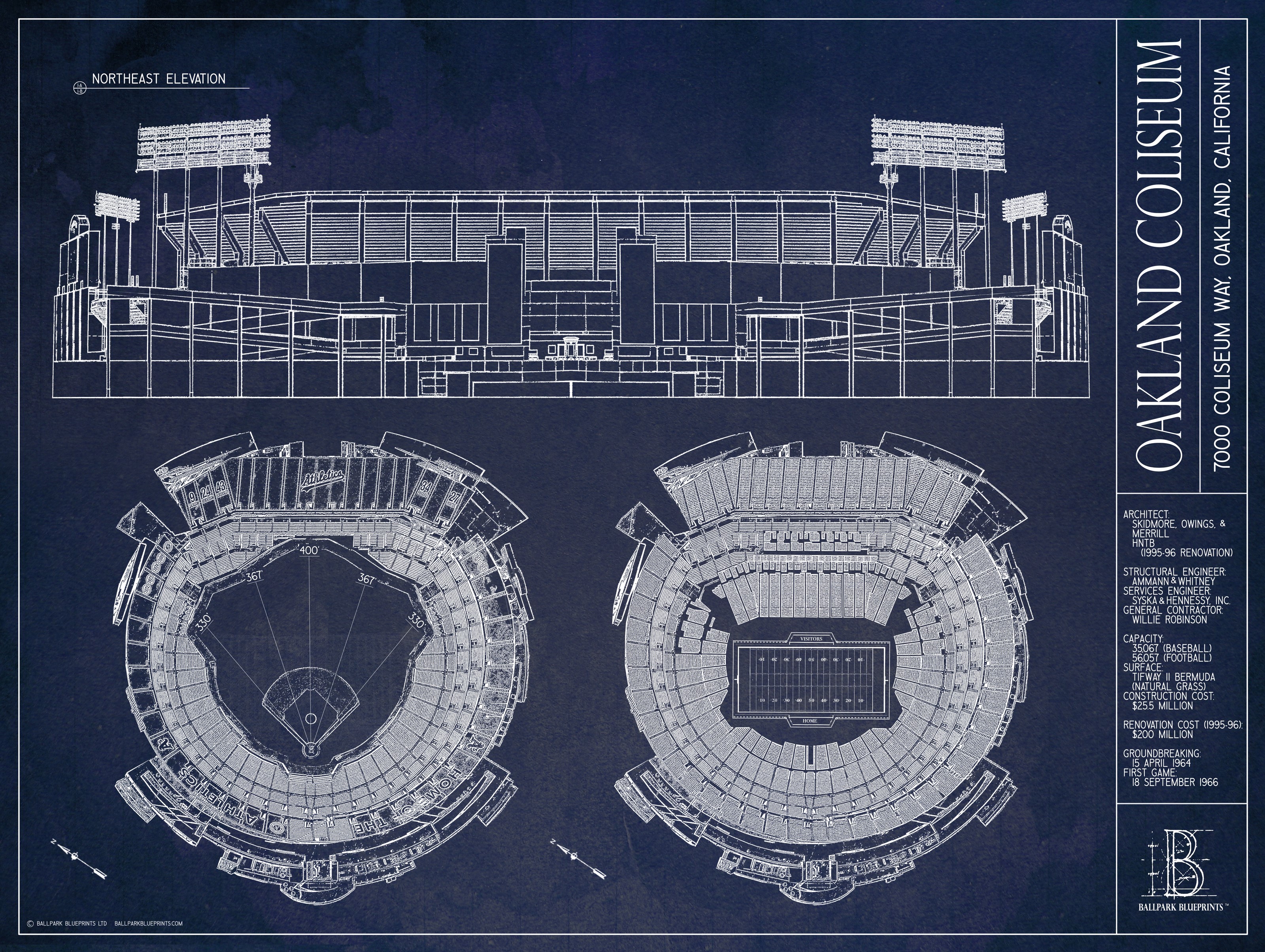Oakland Coliseum Blueprint (Ver. 2) Wallpaper Mural - Murals Your Way