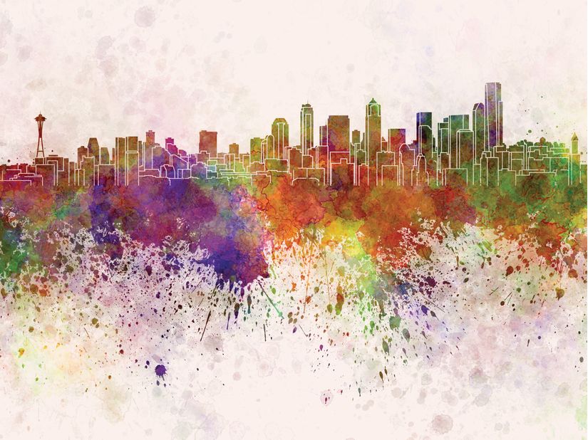 Seattle Skyline Watercolor Wallpaper Mural - Murals Your Way