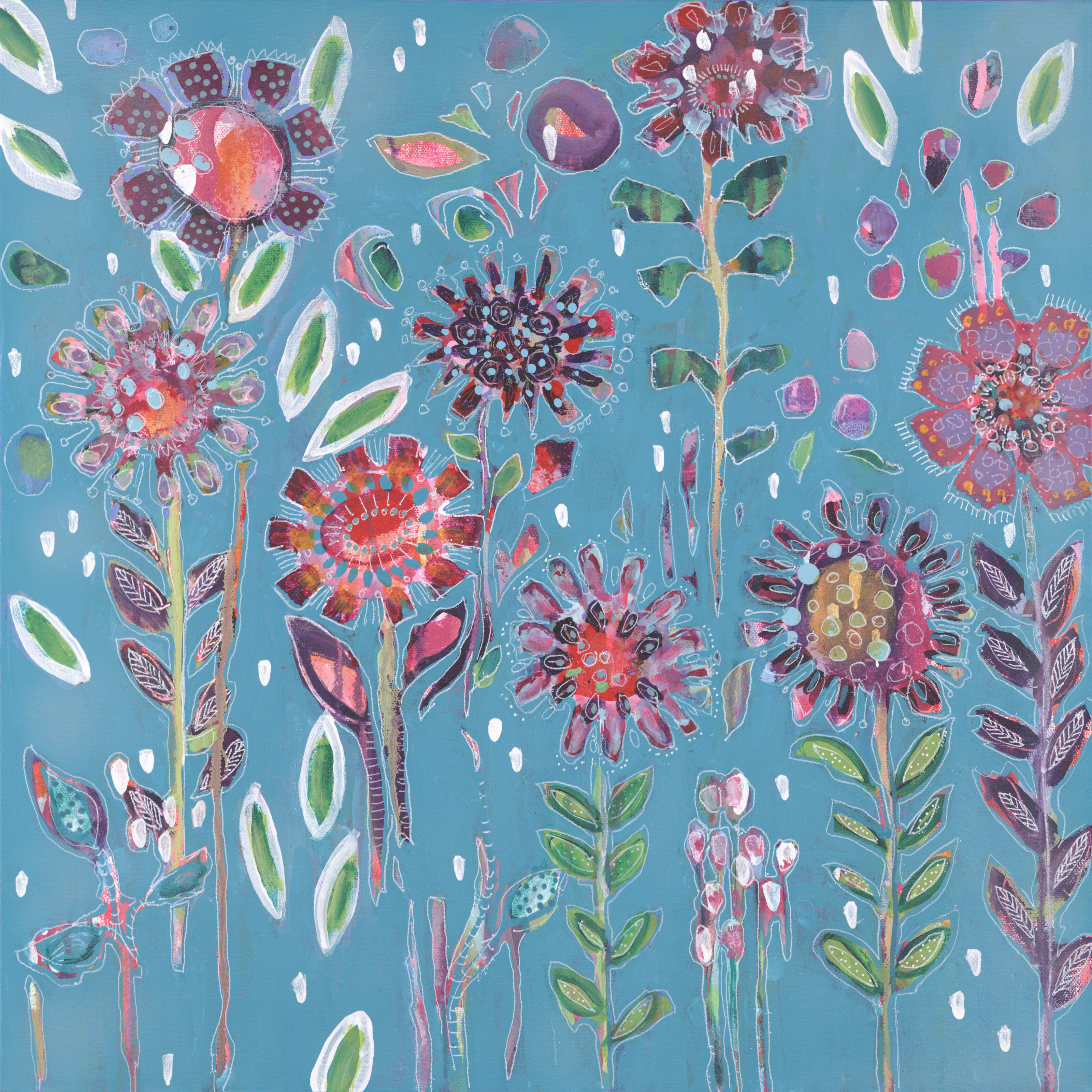 Splash Pad Flowers on Blue Wall Mural - Murals Your Way