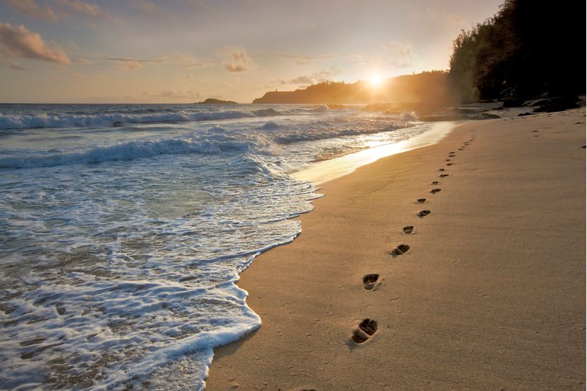 Sunrise Beach With Footprints In The Sand Wall Mural - Murals Your Way