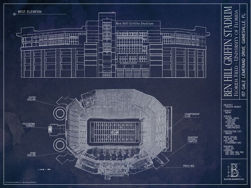 Ben Hill Griffin Stadium Blueprint Mural - Murals Your Way