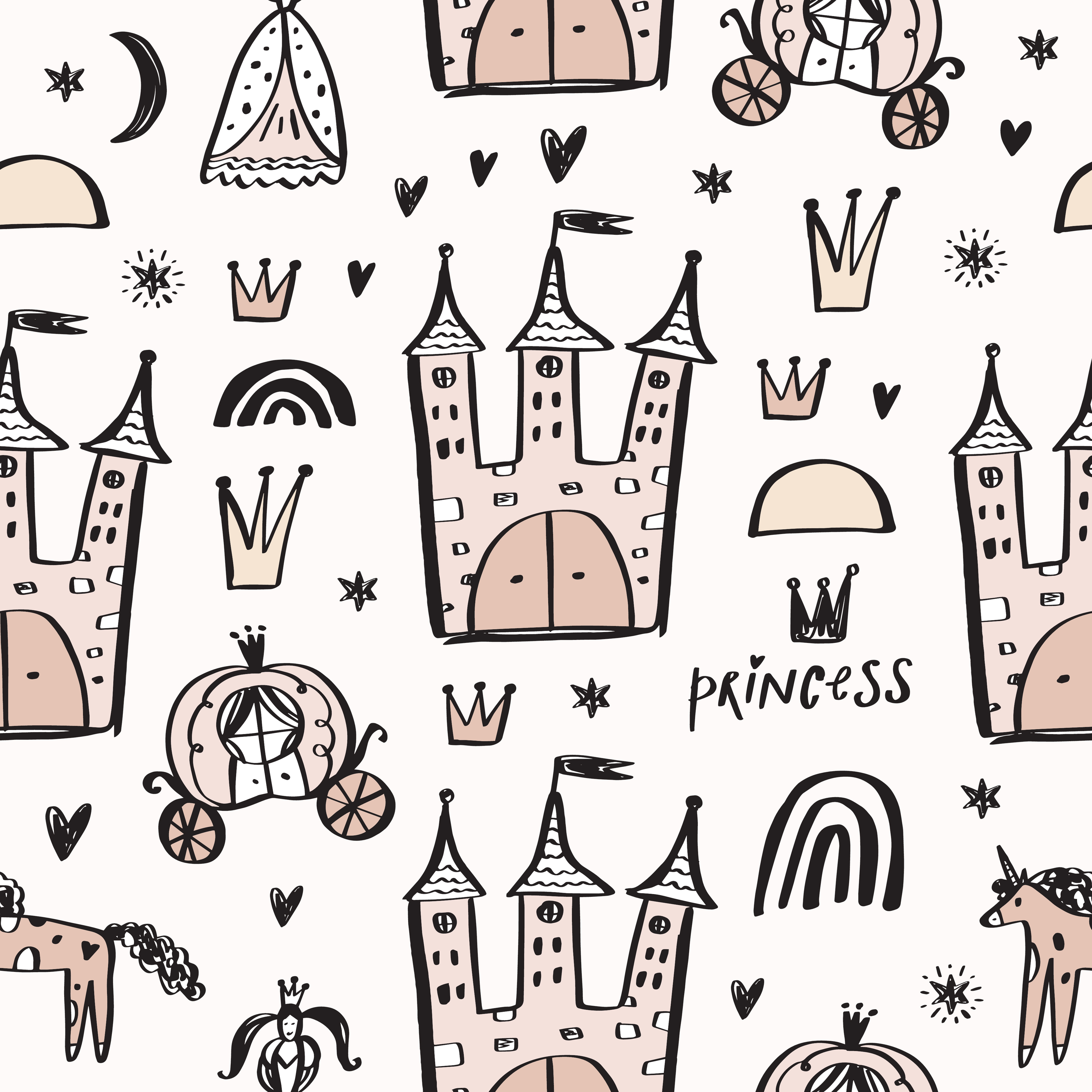 Princess Doodle Pattern Wallpaper - Murals Your Way