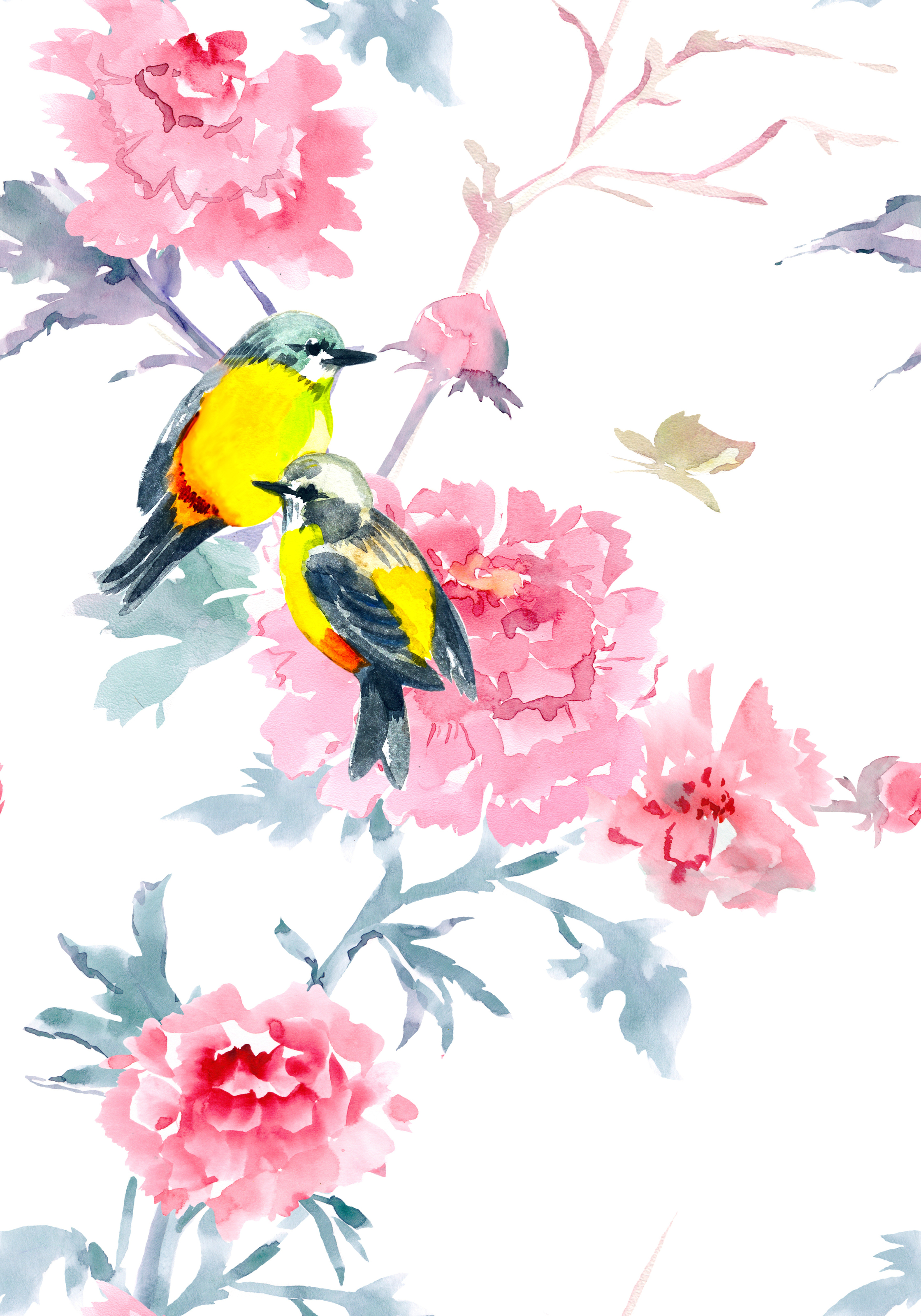 Yellow Birds and Peonies Pattern Wallpaper - Murals Your Way