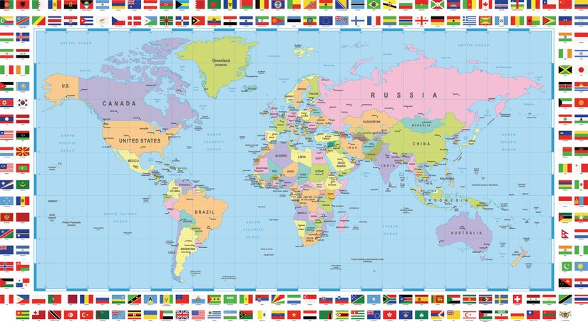 World Map And Flags Wall Mural - Murals Your Way