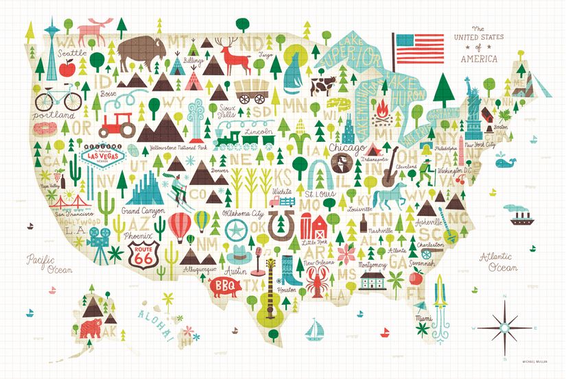 Illustrated USA Map Wall Mural - Murals Your Way