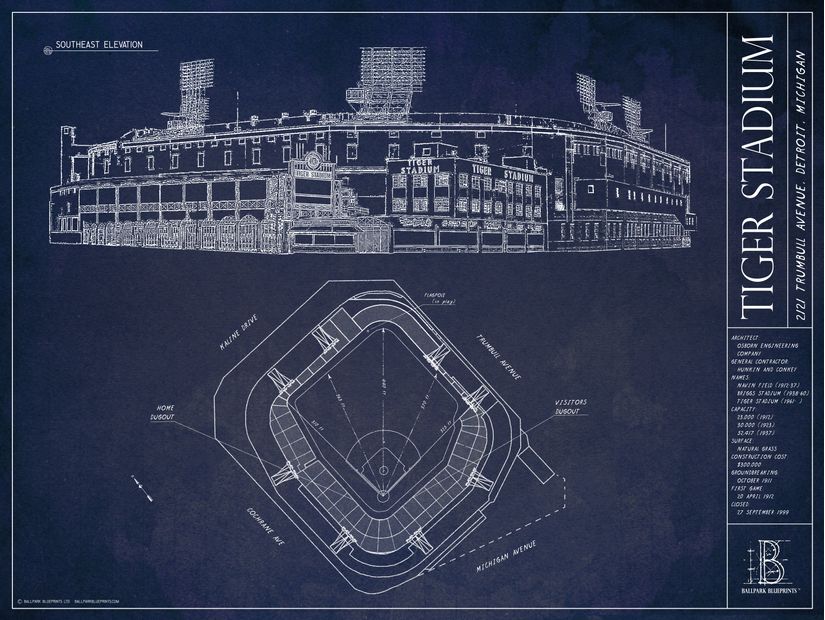 Old Tiger Stadium Blueprint Mural - Murals Your Way
