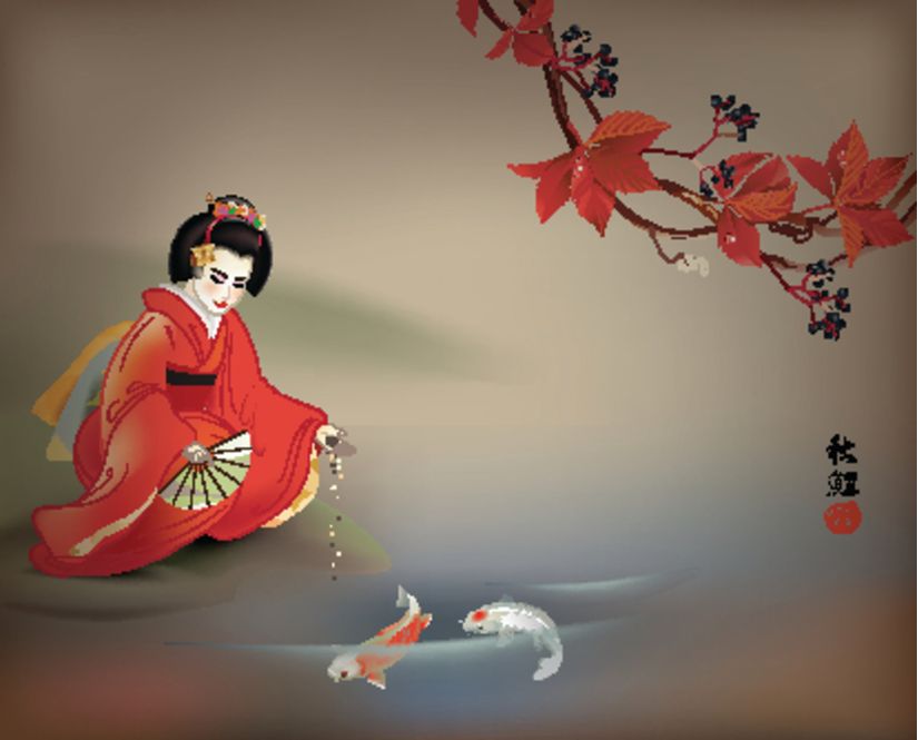 Geisha Feeding Sacred Koi Wall Mural - Murals Your Way