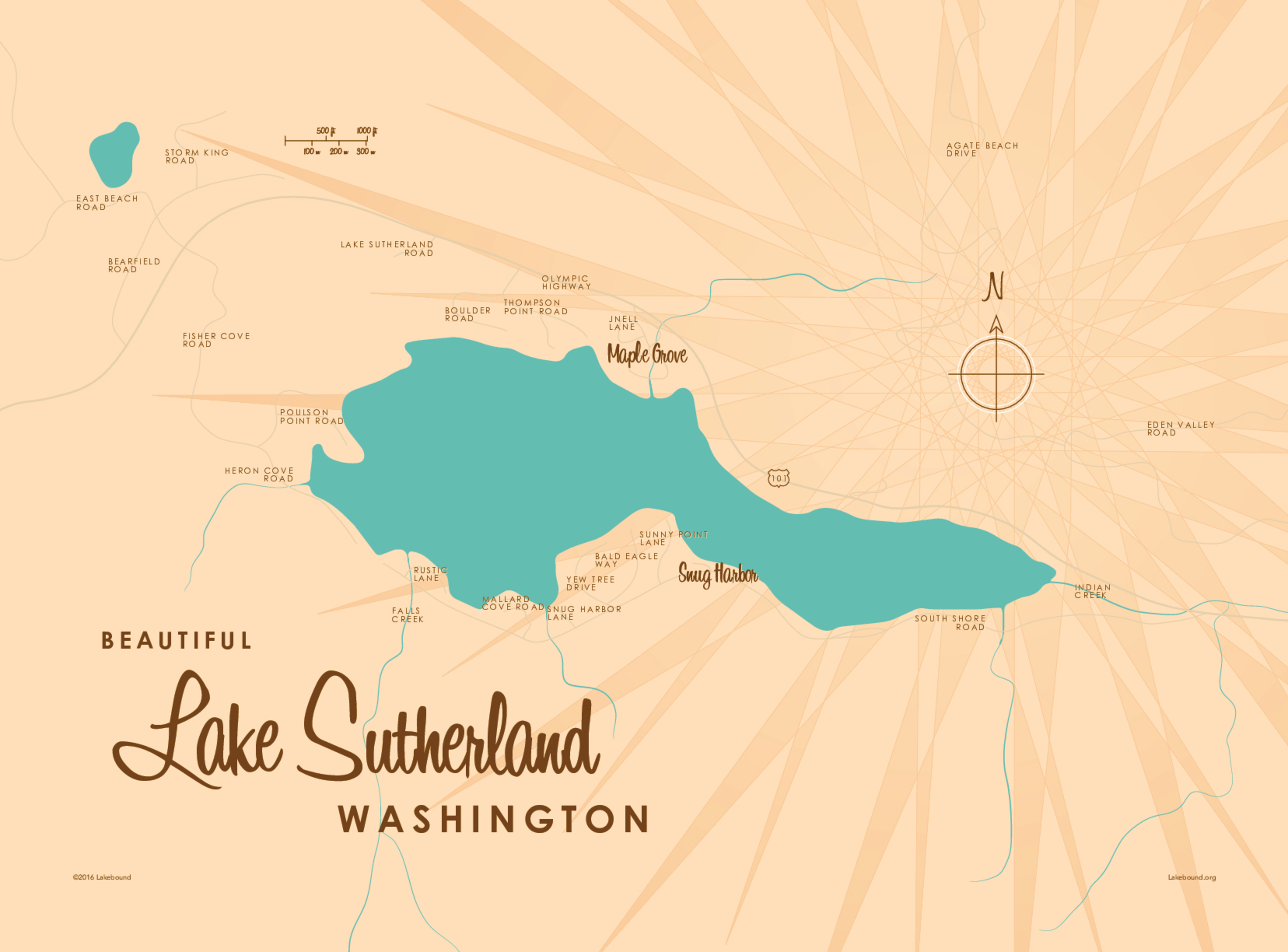 Lake Sutherland, WA Lake Map Wall Mural - Murals Your Way