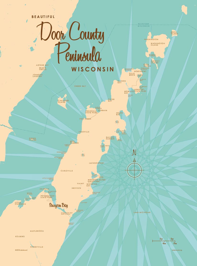 Door County Peninsula, WI Lake Map Wall Mural - Murals Your Way