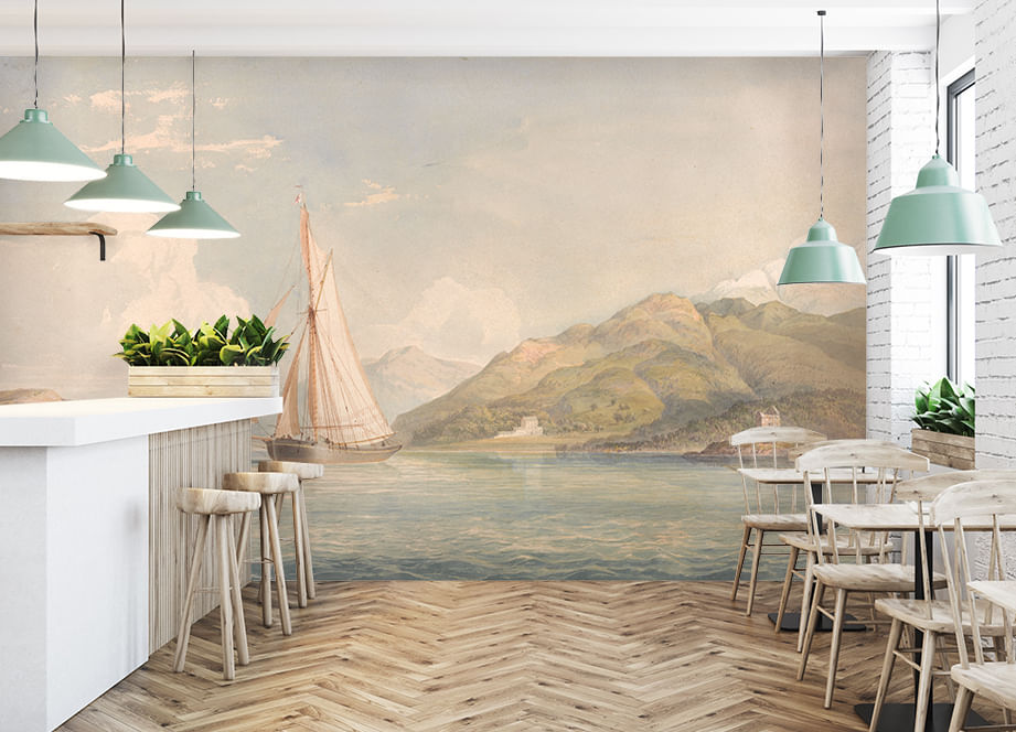 Boat Sailing to the Left with Mountains in the Background Wall Mural ...