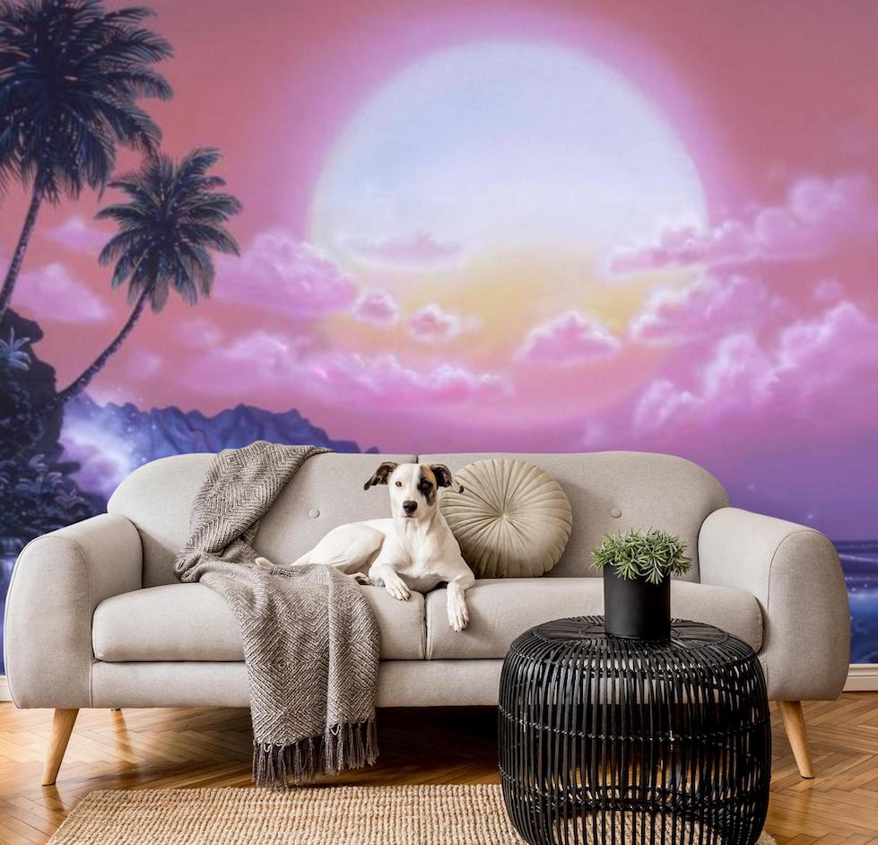Pink Aloha Moon Mural Wallpaper - Murals Your Way