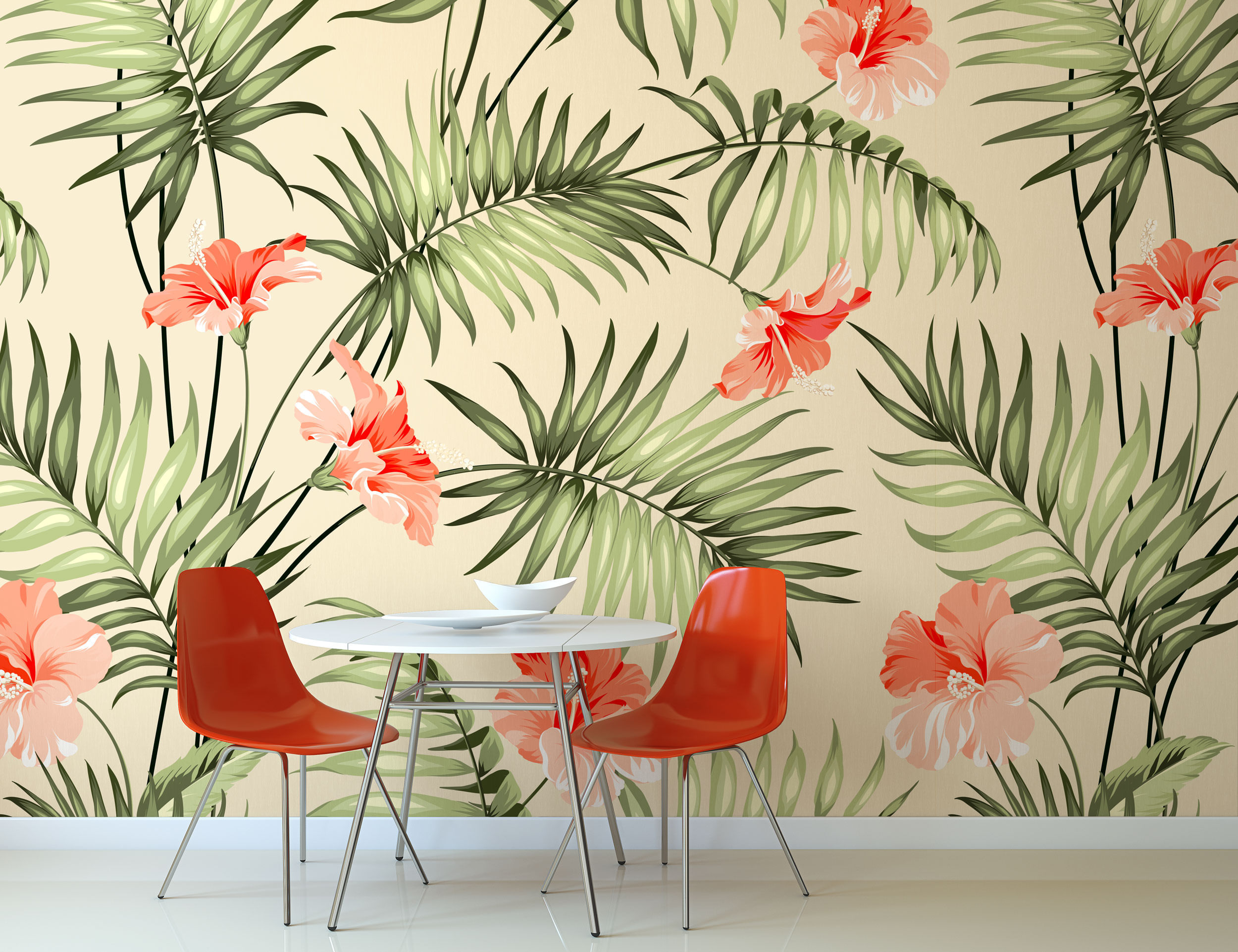 Vintage Hibiscus And Frond Pattern Wallpaper Mural - Murals Your Way