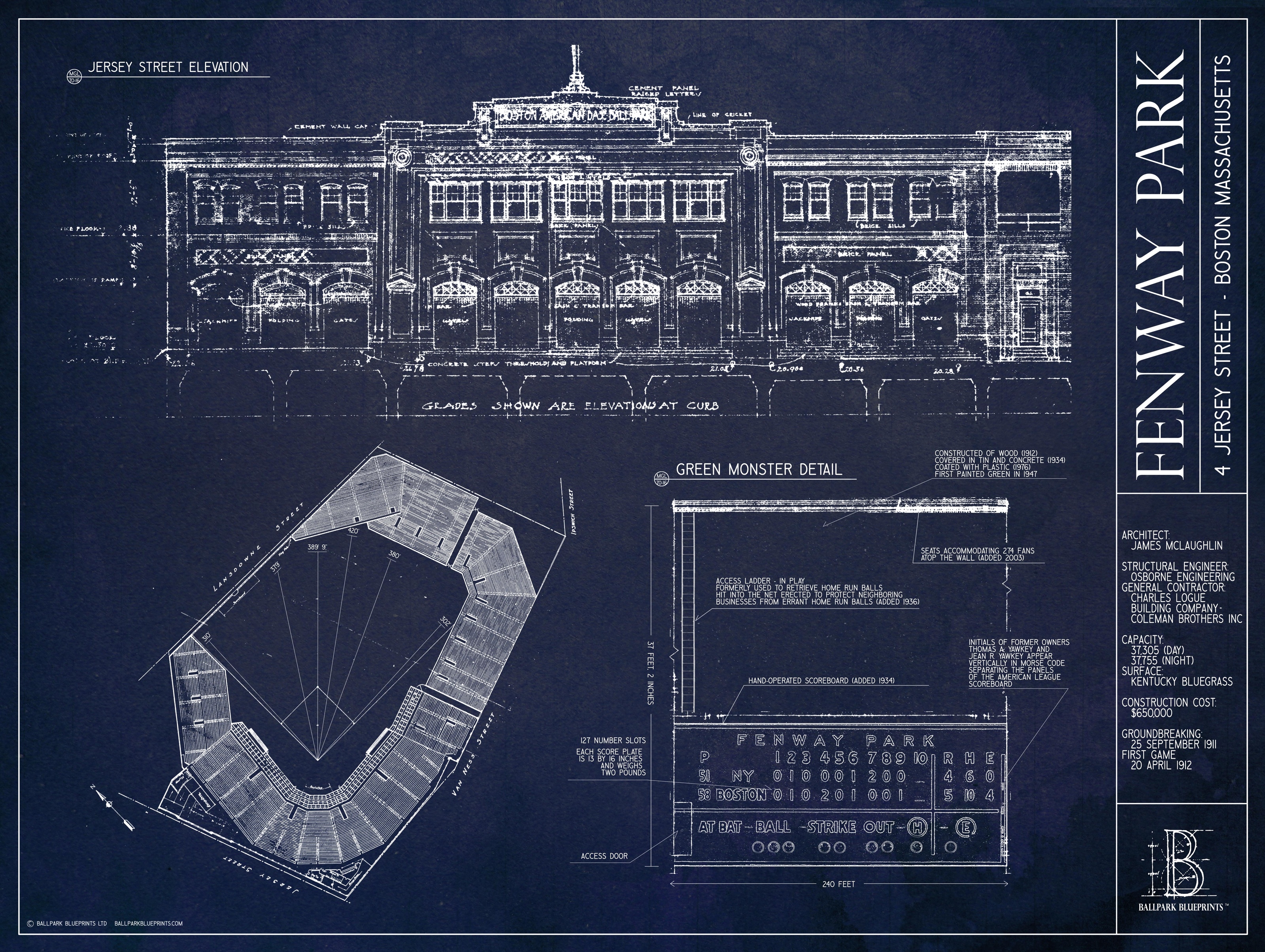 Fenway Park Blueprint Wall Mural - Murals Your Way